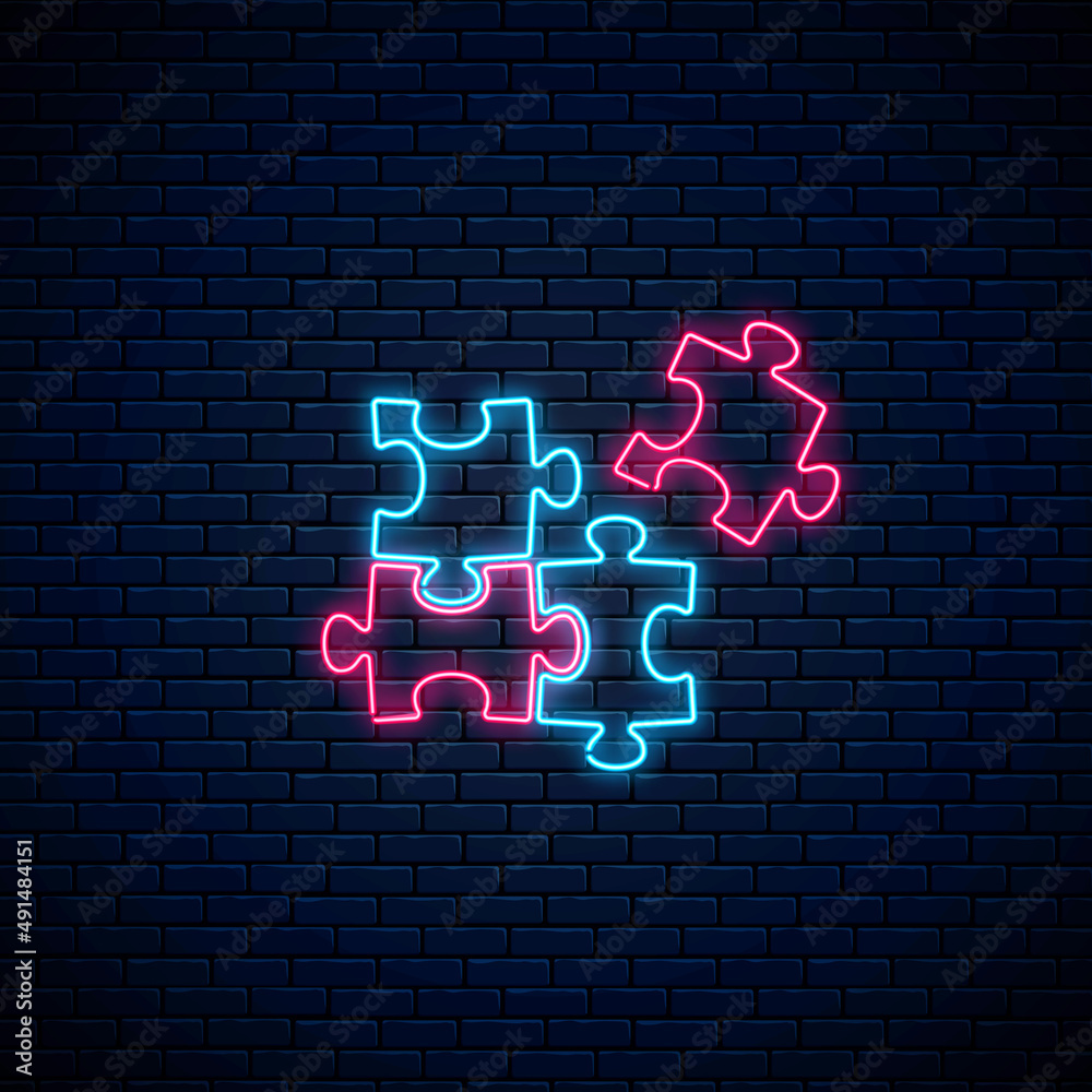 Neon puzzle pieces. Solve puzzle game. Thinking game symbol. Glowing ...