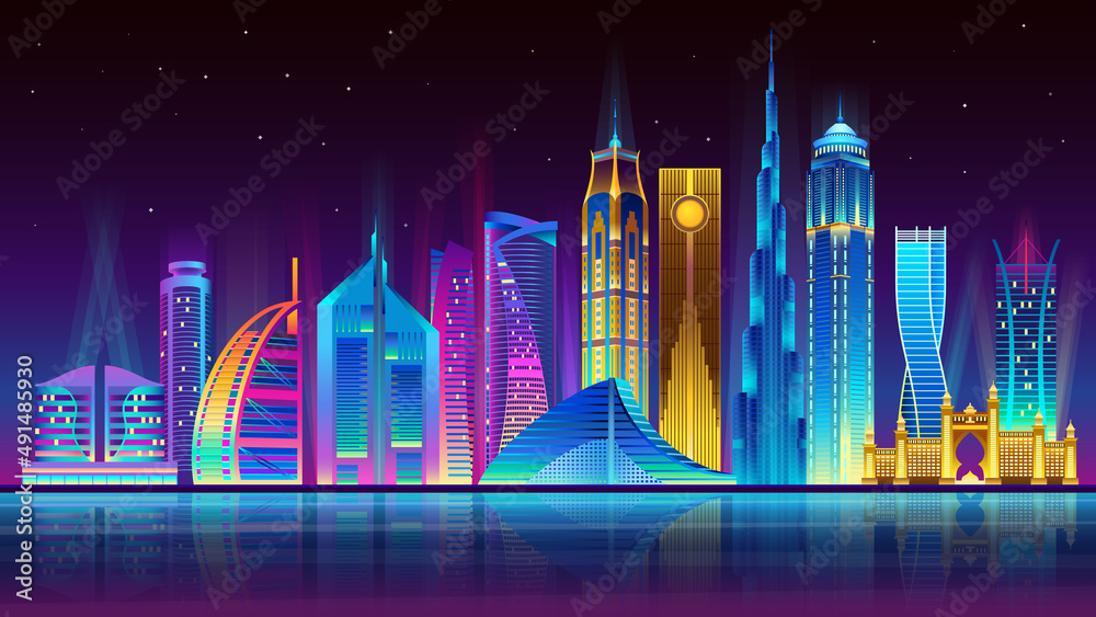 Night Dubai City illuminated by neon lights. Modern buildings and ...