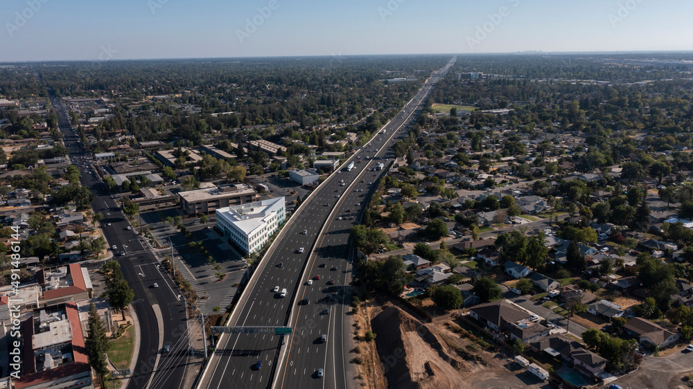 Late afternoon aerial view of the urban downtown core of Roseville, California, USA. Stock Photo ...