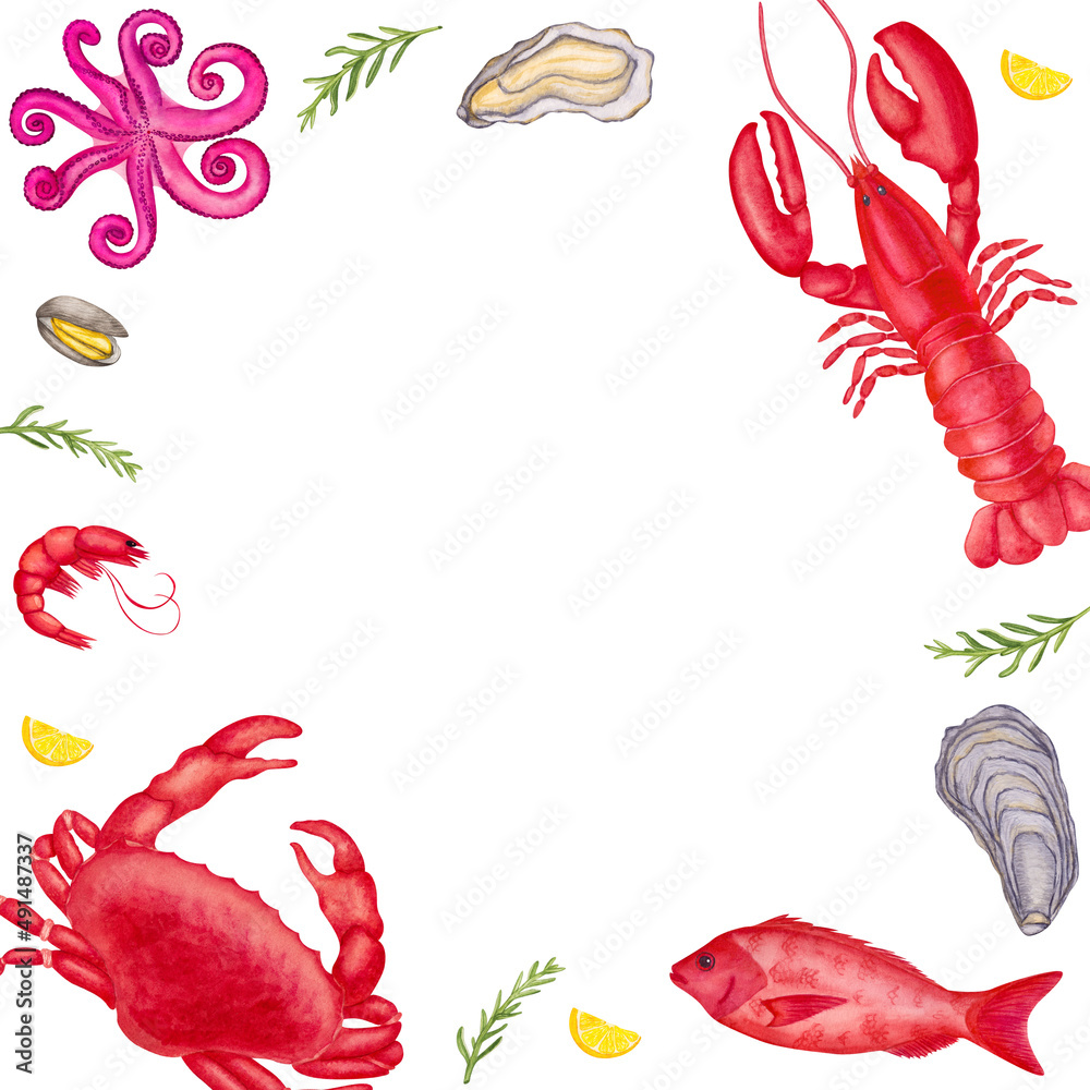 Watercolor seafood frame banner for social media with rosemary herbs ...