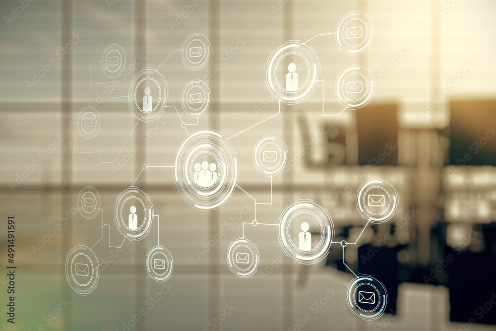 Abstract virtual social network hologram on a modern coworking room ...