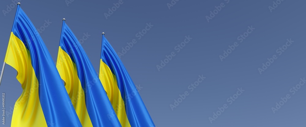 Three flags of Ukraine on flagpoles on blue background. Blue and yellow ...