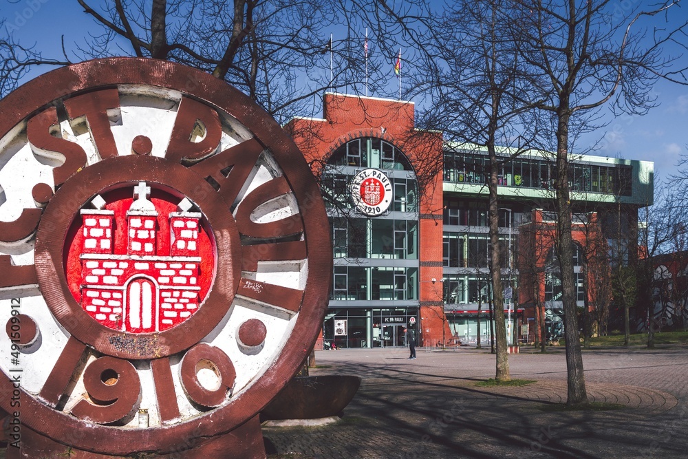 Concrete emblem of football club FC St. Pauli in front of Millerntor ...