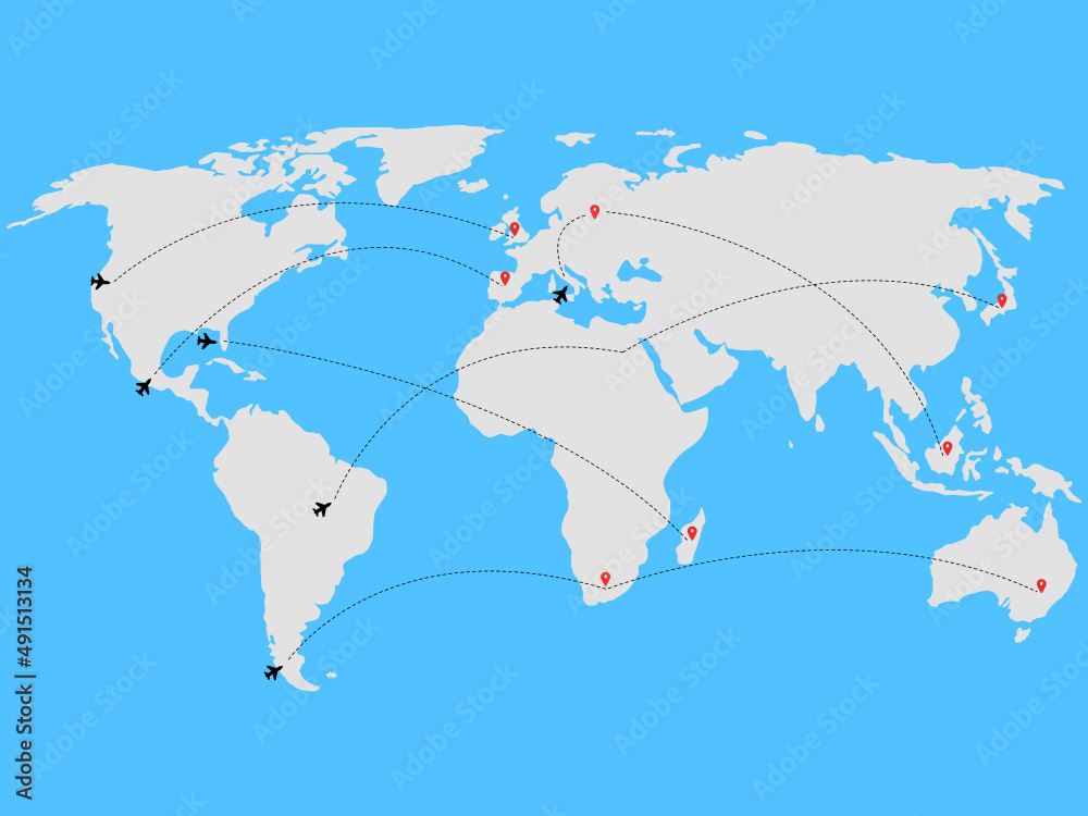 World map of flight routes and arrival point Stock-Vektorgrafik | Adobe ...