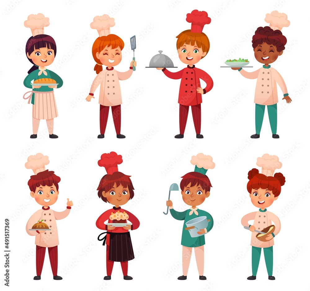 Cute cartoon little kids chefs in cook uniform with hats. Children boys ...