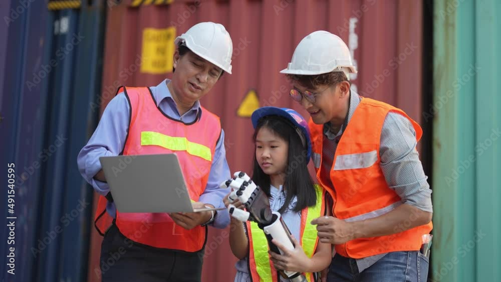 Engineer Teachers teaching a girl about robot hand In Science Robotics ...