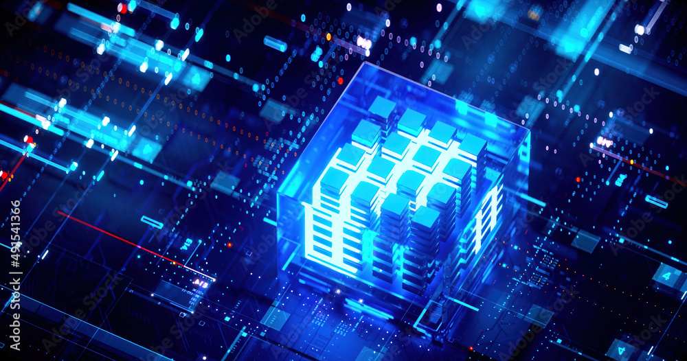 3D rendering of cyberpunk AI. Circuit board. Technology background ...