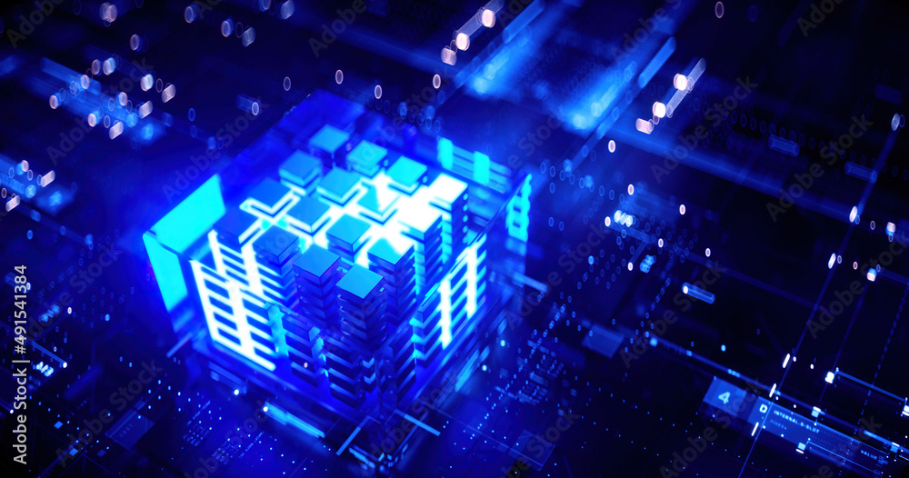 3D rendering of cyberpunk AI. Circuit board. Technology background ...