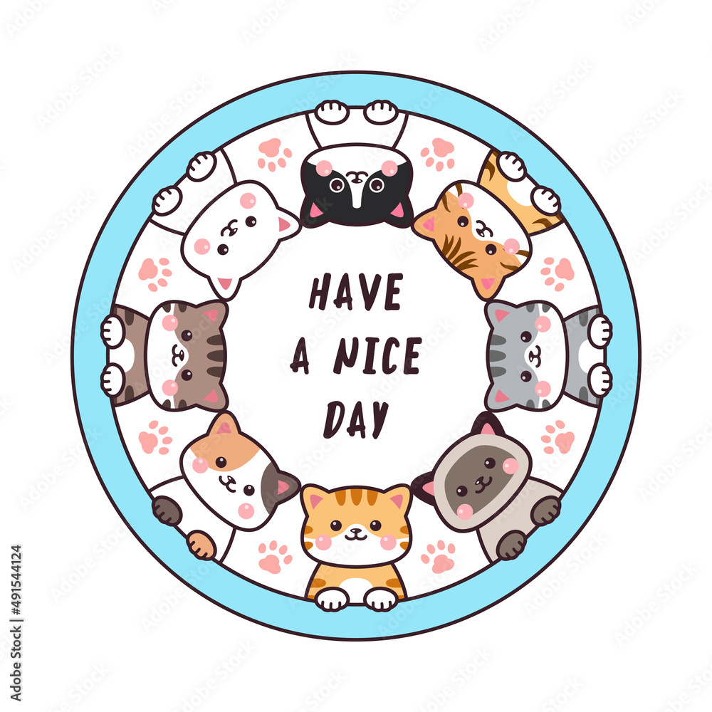 Cute Cat Greeting Drawing Cartoon Doodle Banner Card Circle Round ...