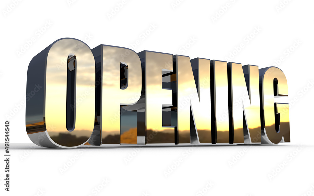 Isolated 3D OPENING Word in Bold Steel Material or Silver and Chrome ...