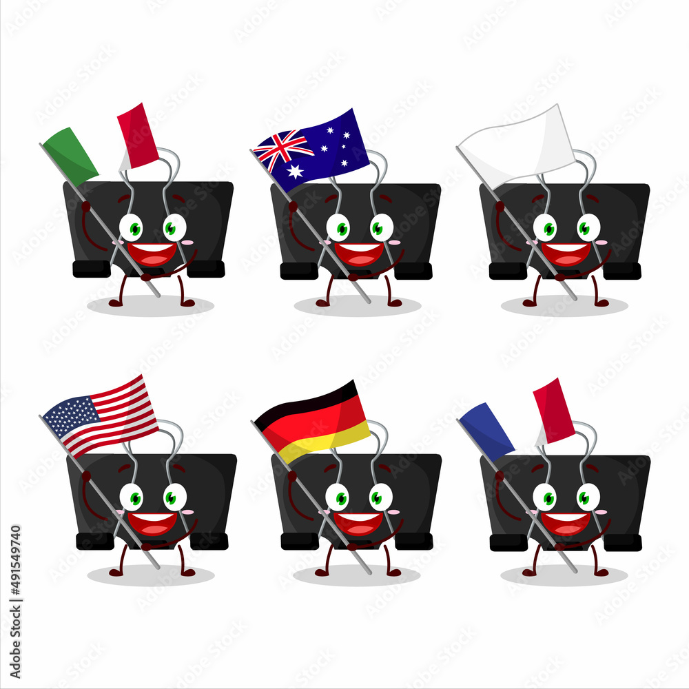 Binder clip cartoon character bring the flags of various countries ...