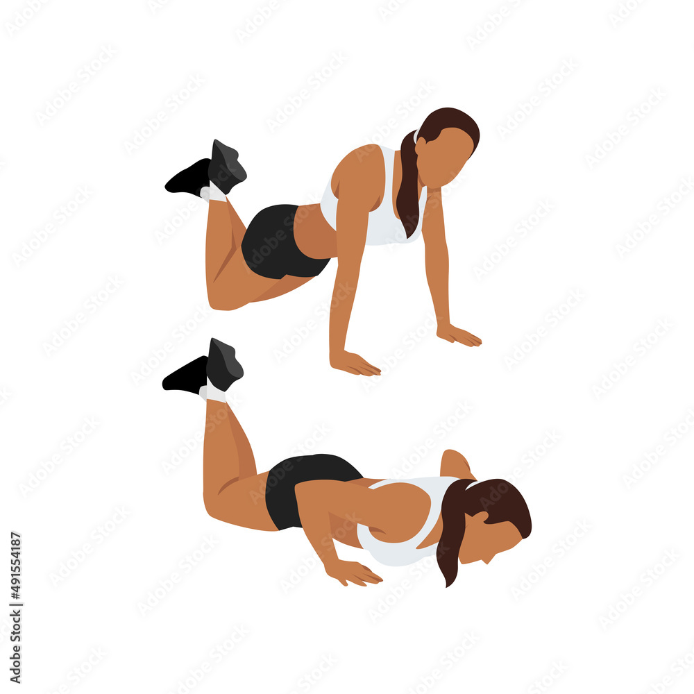 Woman doing Modified knee push ups exercise. Flat vector illustration isolated on white ...