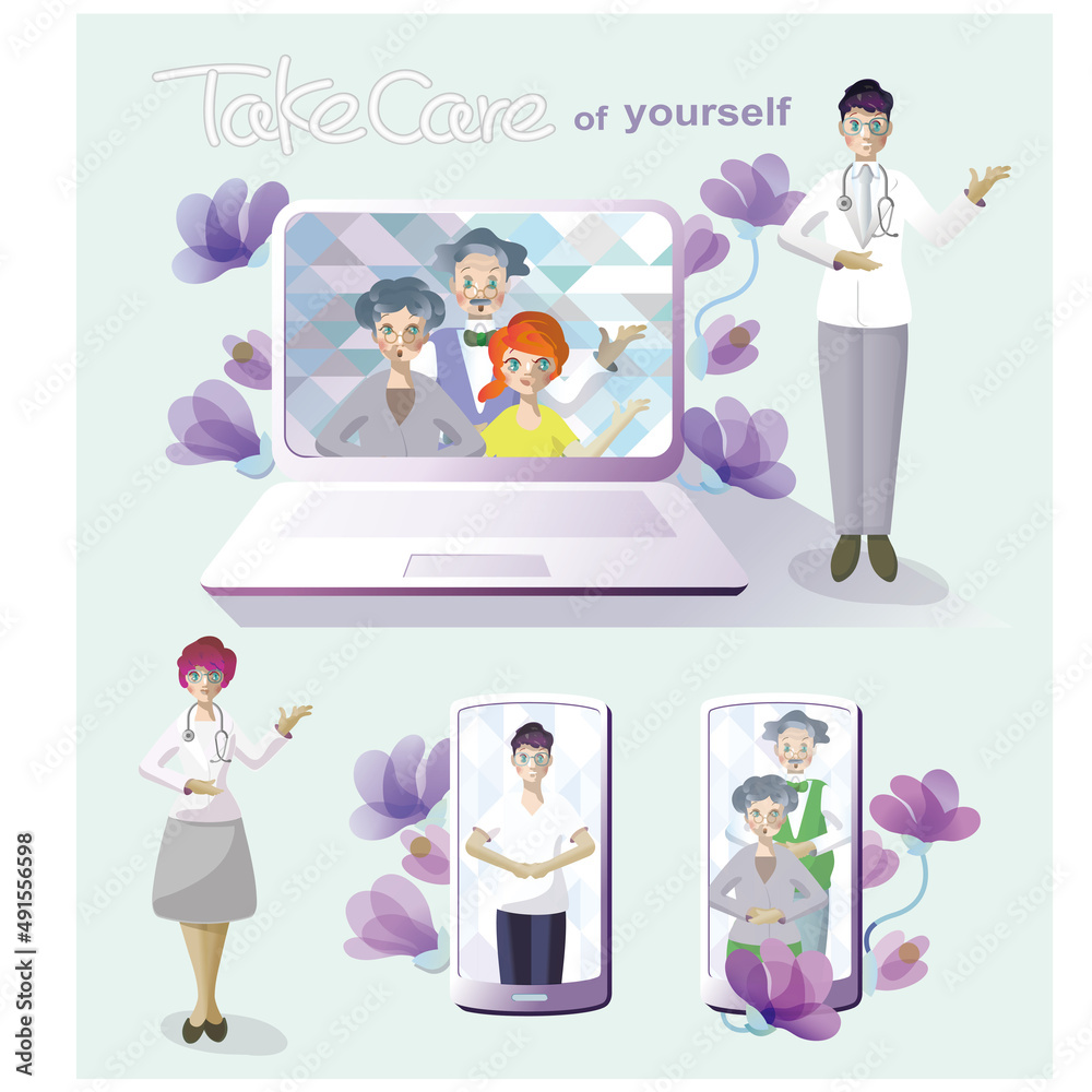Vector illustration for computer and mobile phone screen. Male doctor ...