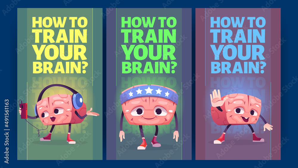 How to train brain banners with cute sport character. Vector posters of ...