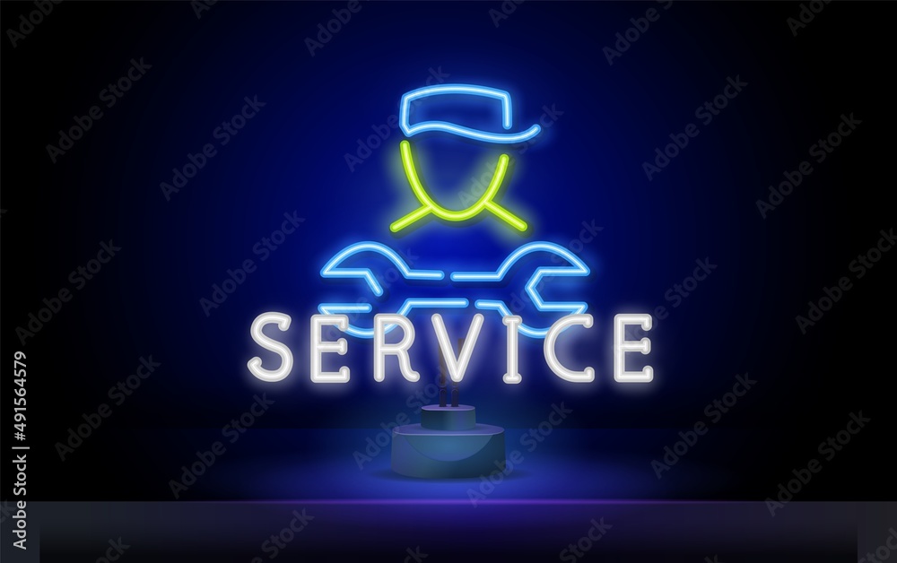 Car service neon text with mechanic and wrench. Car service and repair ...