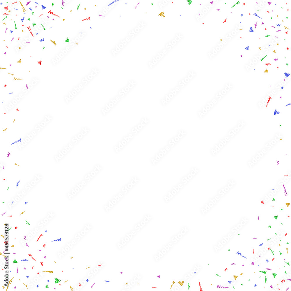 Abstract festive square frame with many falling tiny confetti pieces ...