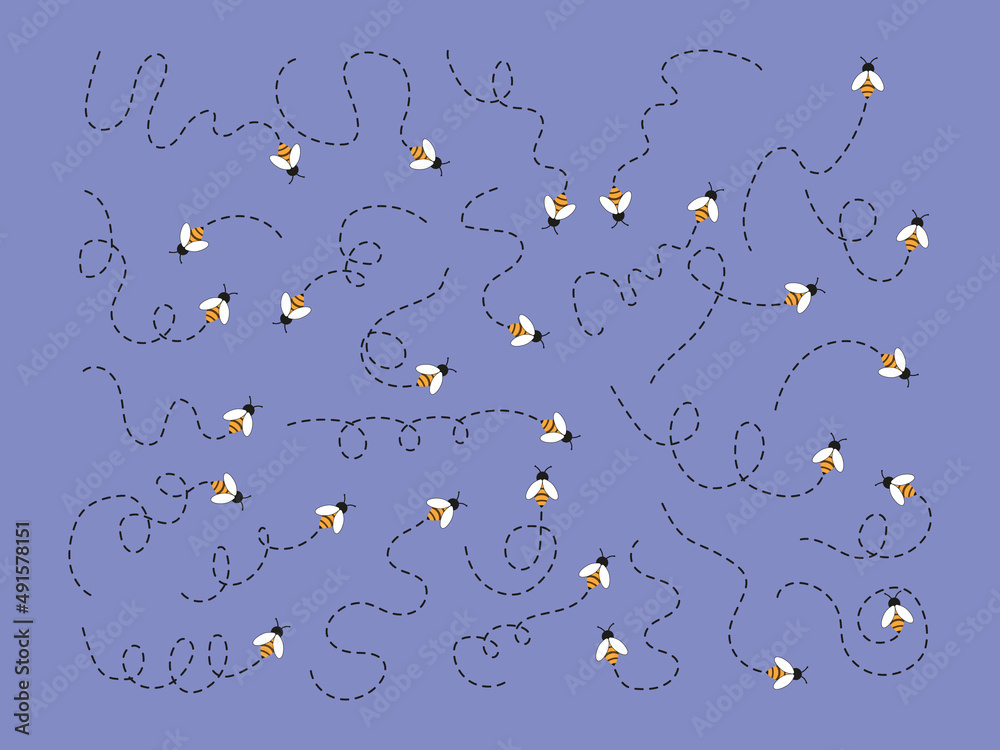 Bumble bee flight path. Vector set. Direction of the insect, dotted ...