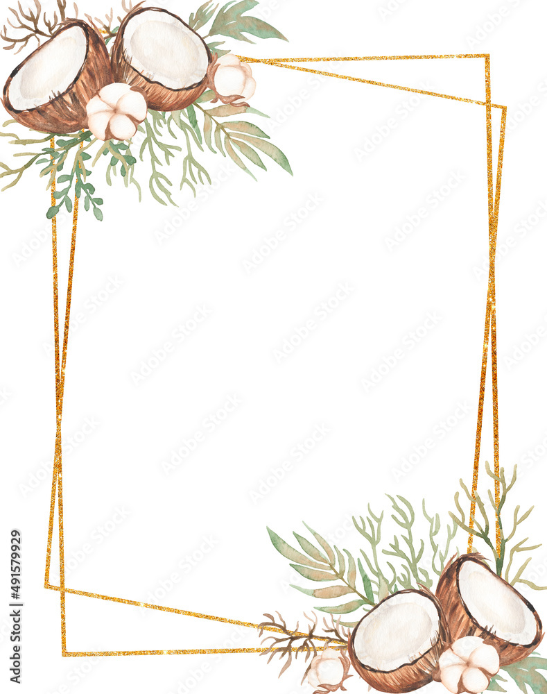 Watercolor Coconut Clipart, Greenery Wreath illustration, Cotton ...