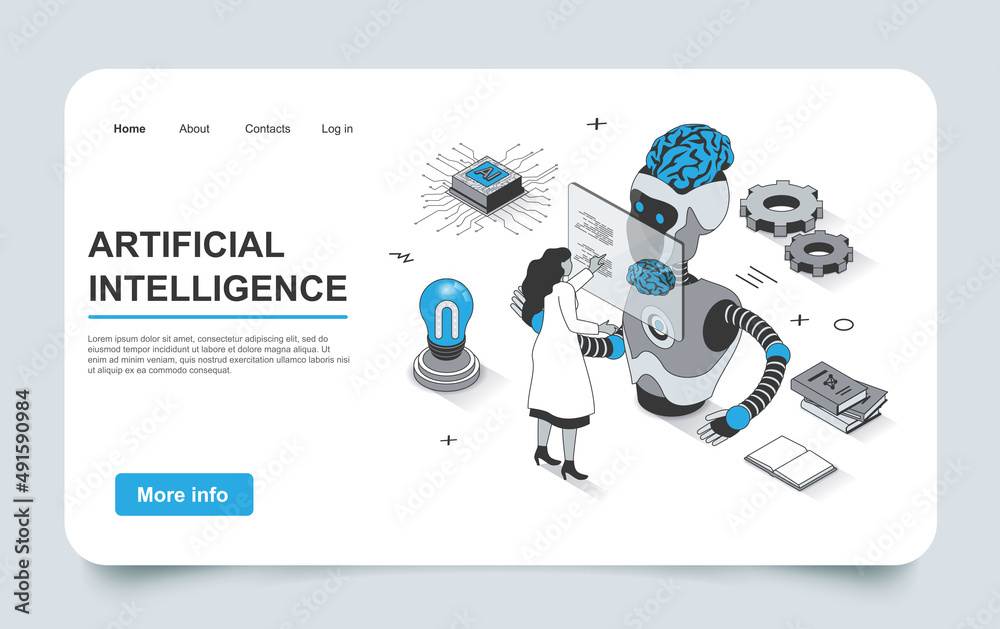 Artificial intelligence concept in 3d isometric landing page outline ...