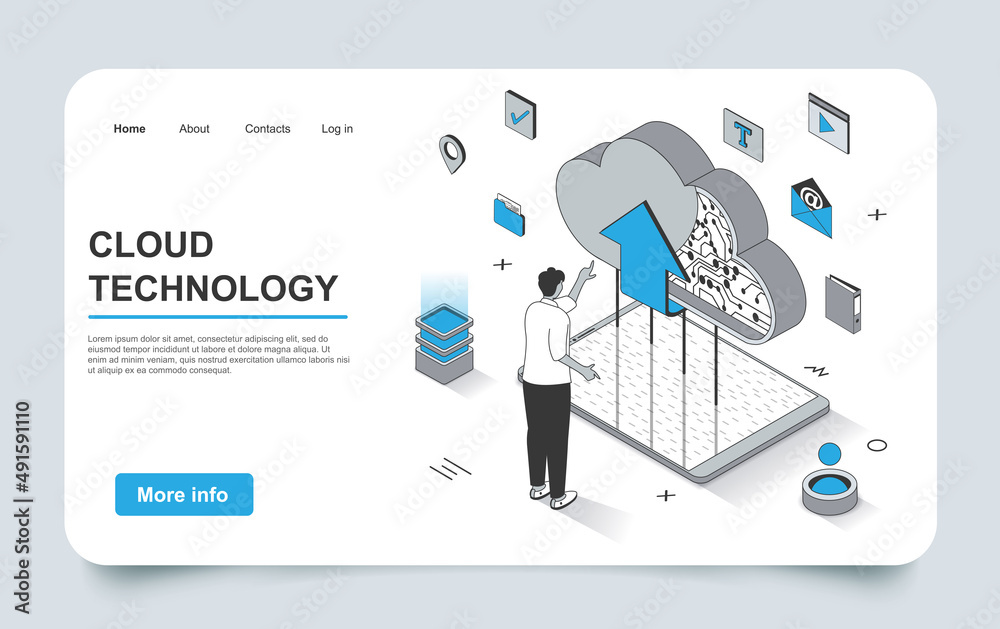 Cloud technology concept in 3d isometric landing page outline design ...