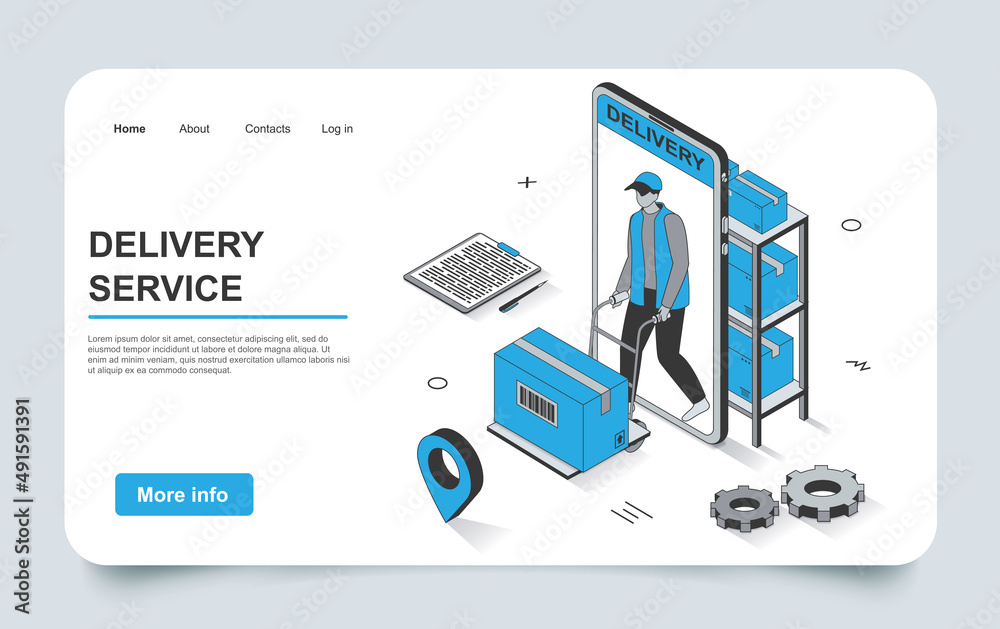 Delivery service concept in 3d isometric landing page outline design ...
