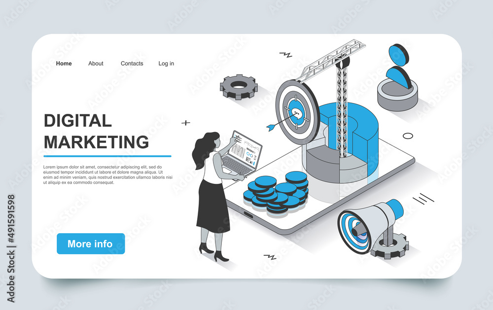 Marketing concept in 3d isometric landing page outline design. Woman ...