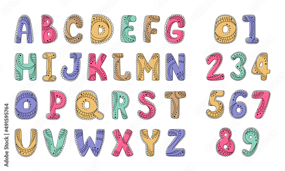 Decorative multi-colored alphabet decorated with lines and dots on a ...