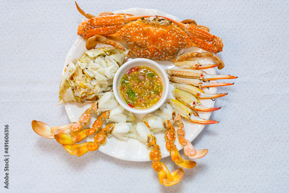 Steamed Blue swimming crab.Traditional food of Asian people.seafood ...