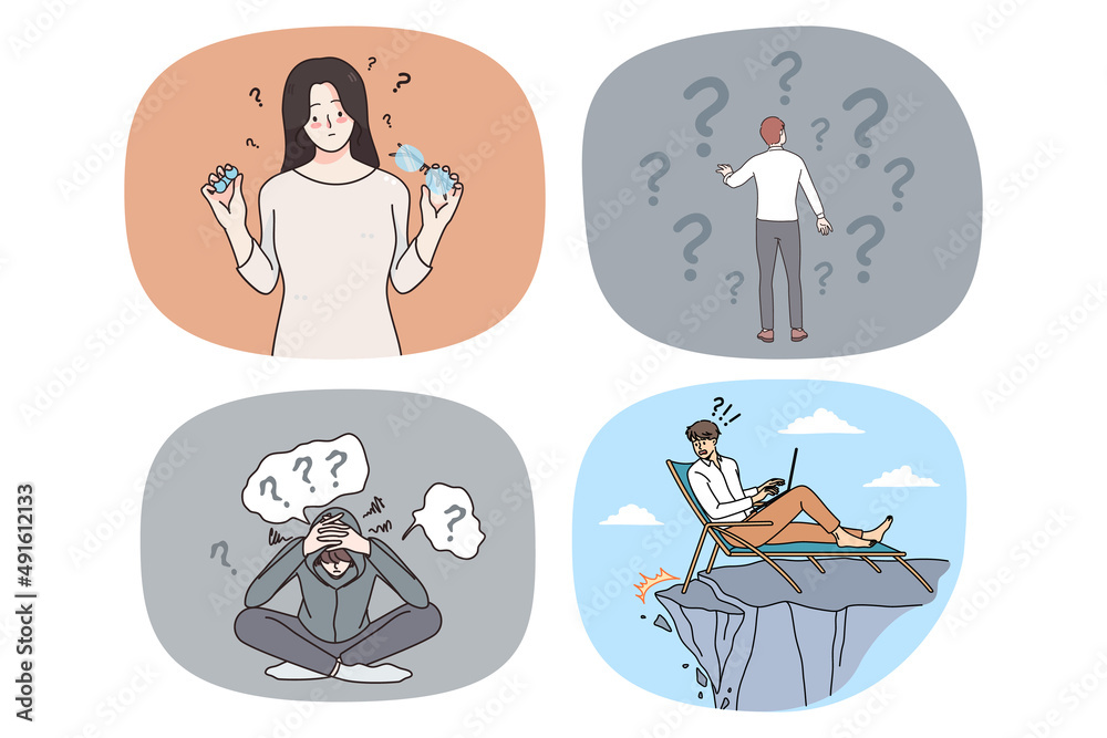 Set of diverse people feel confused unhappy think of problem solution ...