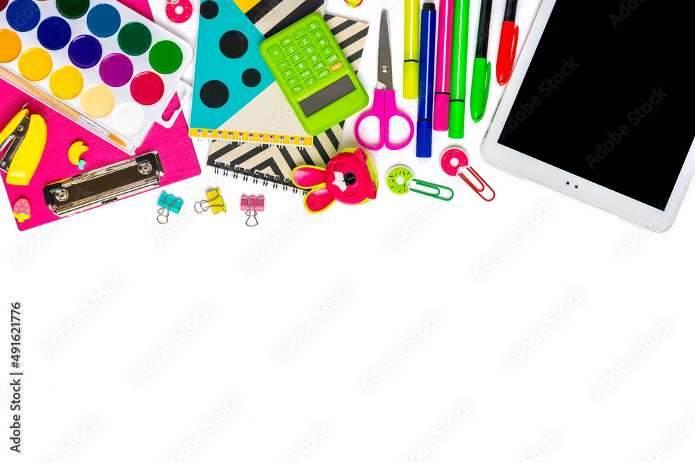 Back to school, education concept Yellow backpack with school supplies ...