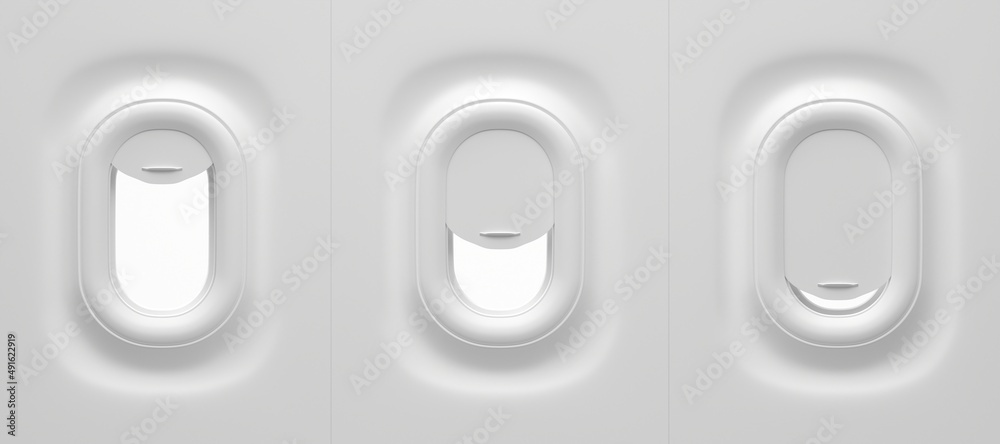 Aircraft windows, front view. Realistic set airplane porthole with open ...