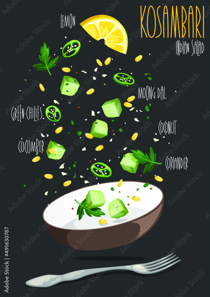 Kosambari, a traditional and popular, south Indian salad. Vector ...