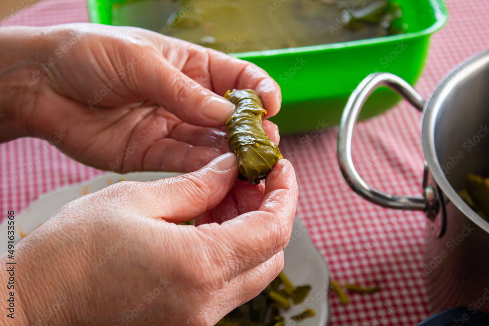 Woman preparing stuffed grape leaves. Homemade cooking concept ...