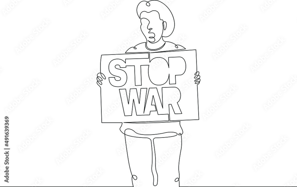 One continuous line.A protesting demonstrator stands with a banner ...