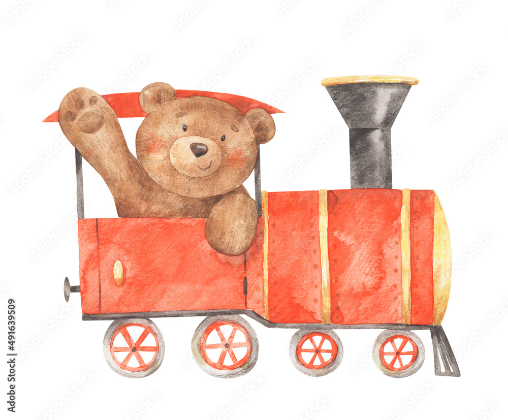 Teddy bear travel on a toy train. Watercolor illustration. Hand-drawn ...