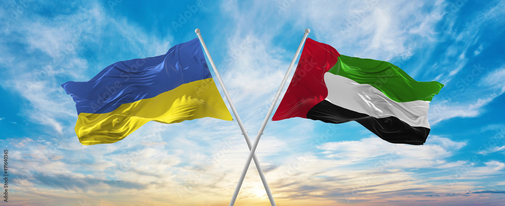 crossed national flags of Ukraine and United Arab Emirates flag waving ...