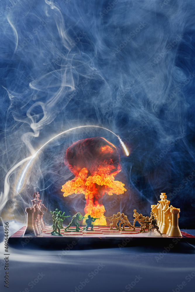 Battle scene. Modern military silhouettes fighting scene on war fog sky ...