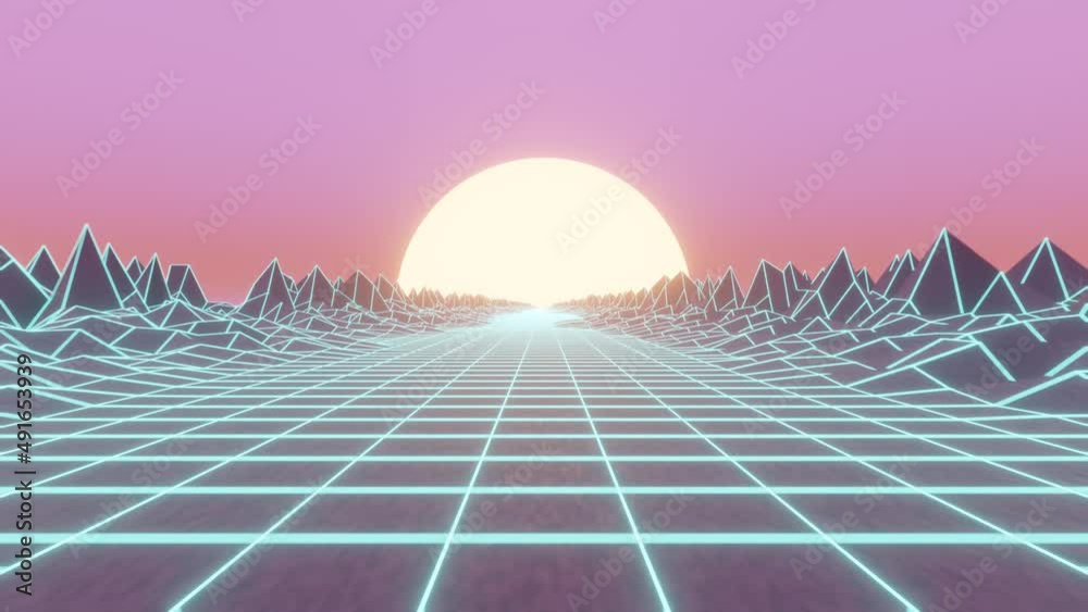 Endless retro wave landscape. Seamless loop sunset, neon grid on ...