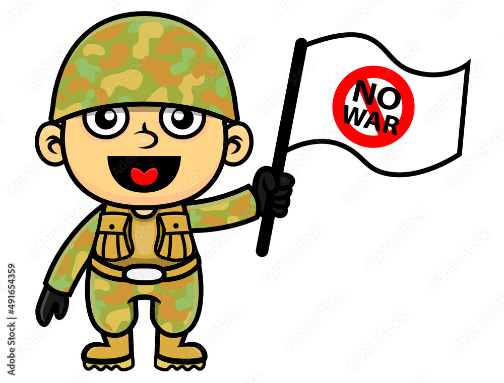 Cartoon illustration of funny little Soldier waving the white flag sign ...