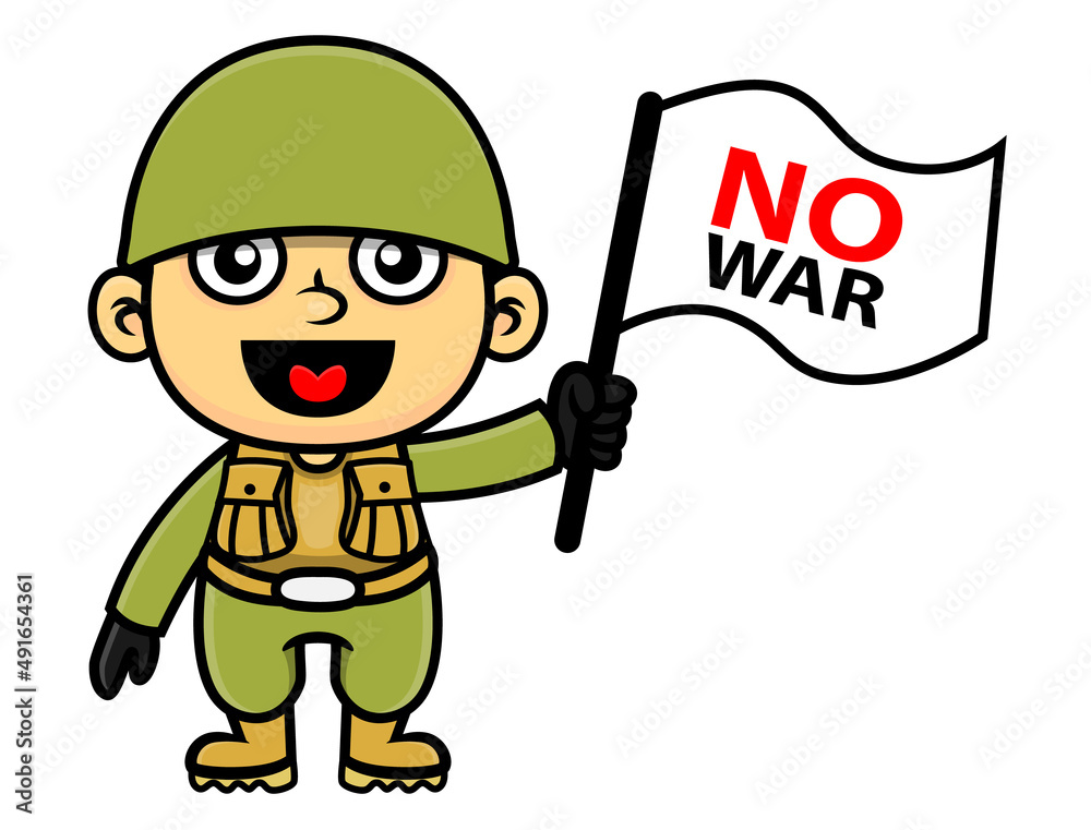 Cartoon illustration of funny little Soldier waving the white flag sign ...