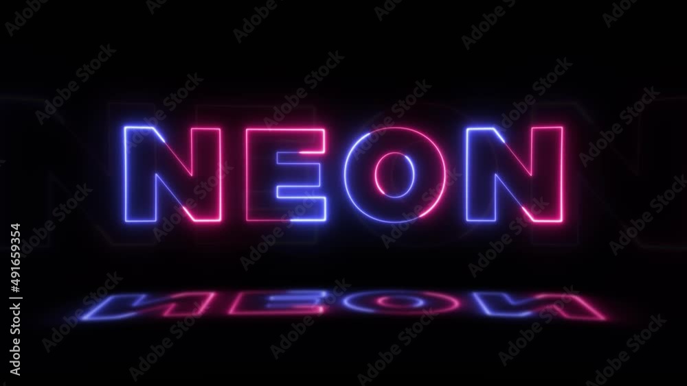 Neon glowing word 'NEON' on a black background with reflections on a ...