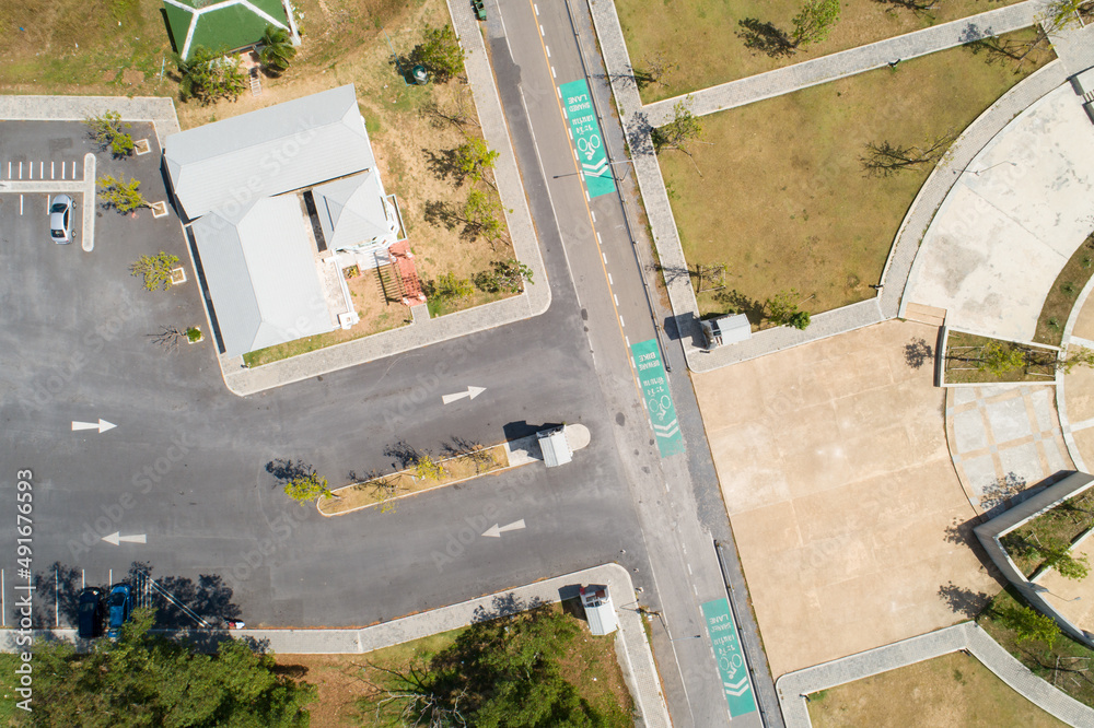 Aerial view top down of car parking lot with white line of traffic sign ...