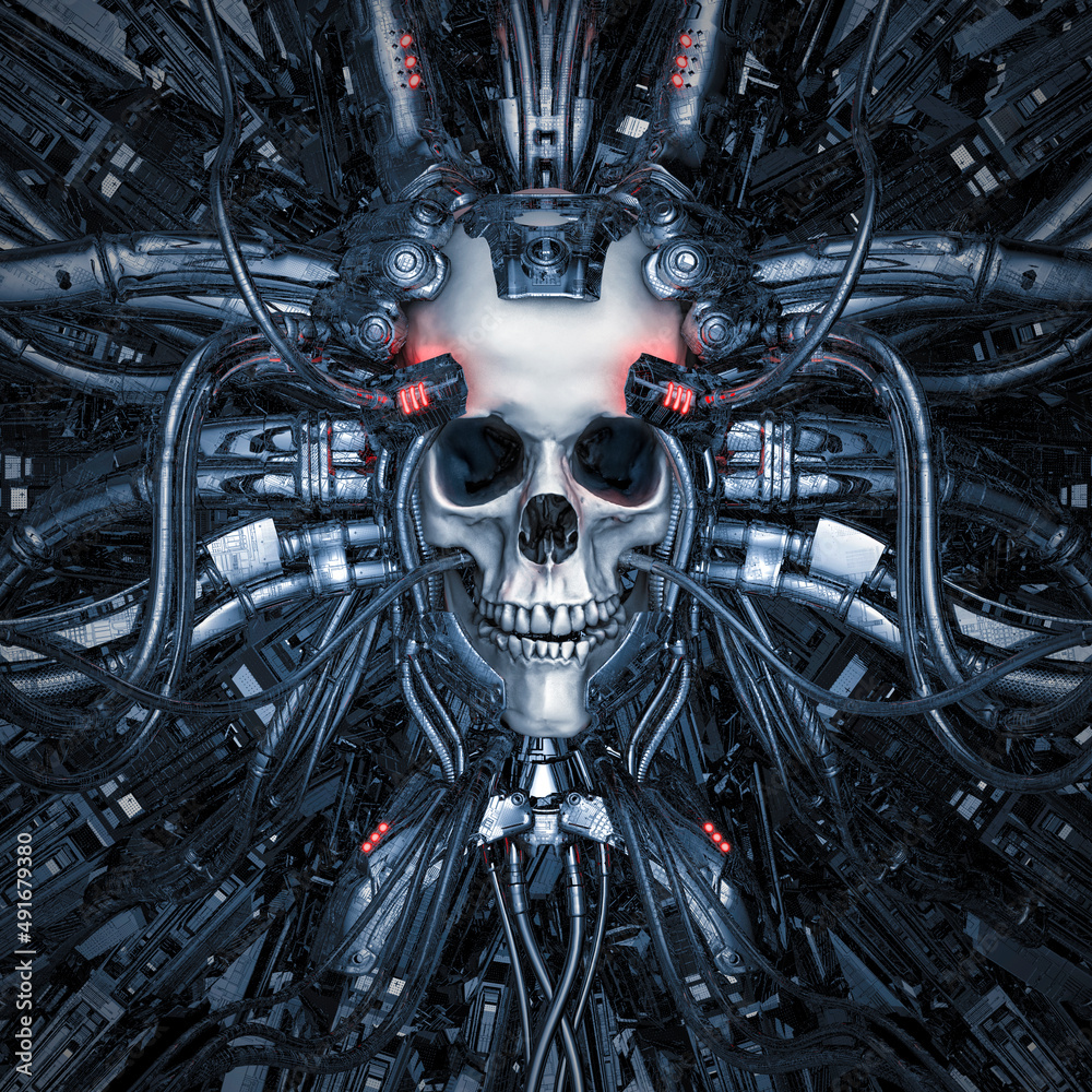 Evil in the machine - 3D illustration of science fiction cyberpunk ...