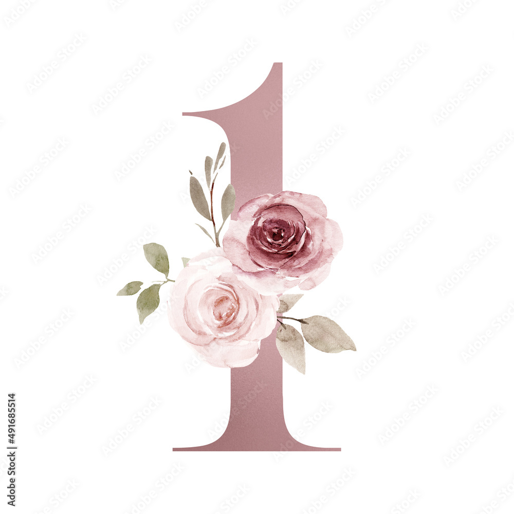 Pink number 1 with watercolor flowers roses and leaf. Perfectly for ...