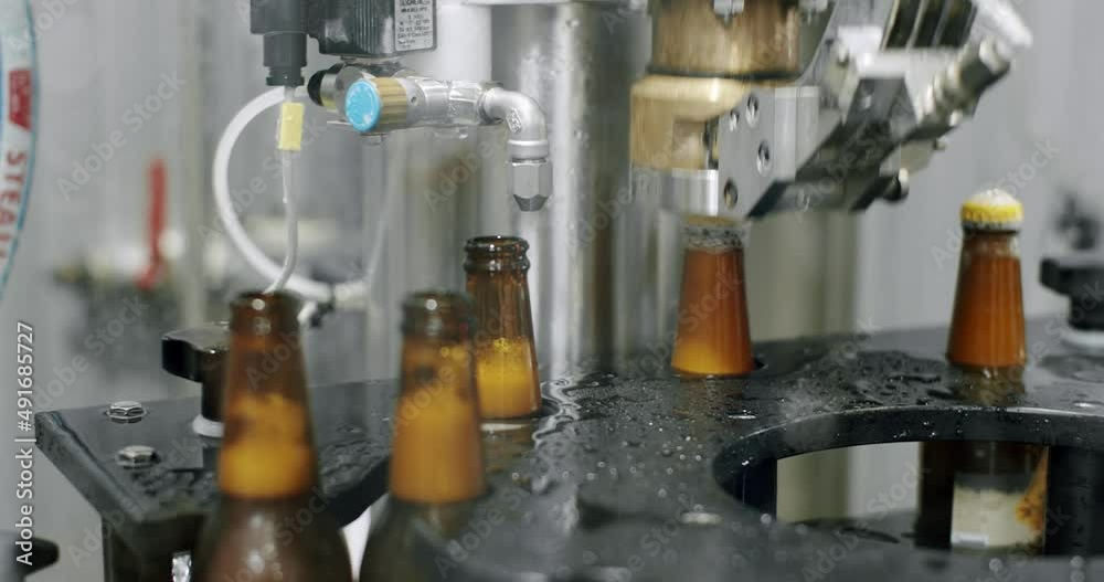 Beer bottles in production and bottling. Technological line. factory ...
