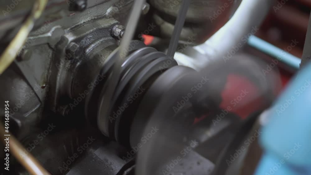 The spinning engine part is a close-up of a small ship. CLIP. A working ...