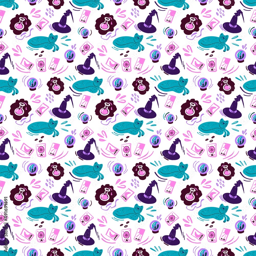 ภาพประกอบสต็อก Seamless magic pattern in bright colors in doodle style ...