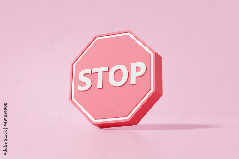 Red octagon warning symbol icon with text stop on pink background ...