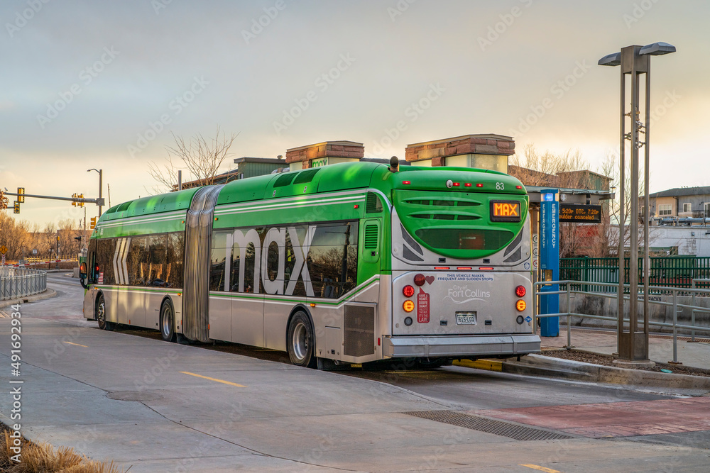 Fort Collins, CO, USA - March 8, 2022: MAX bus at stop. MAX Bus Rapid ...