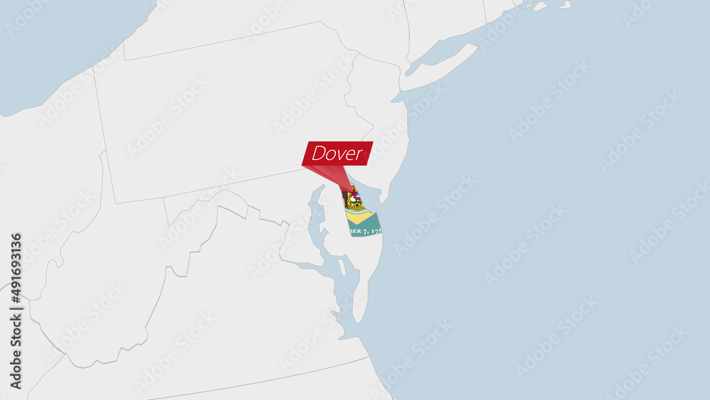 US State Delaware map highlighted in Delaware flag colors and pin of ...
